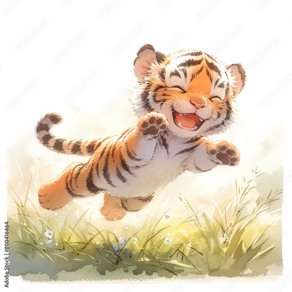 watercolor cute and happy baby tiger jumping in the grass, clipart with ...