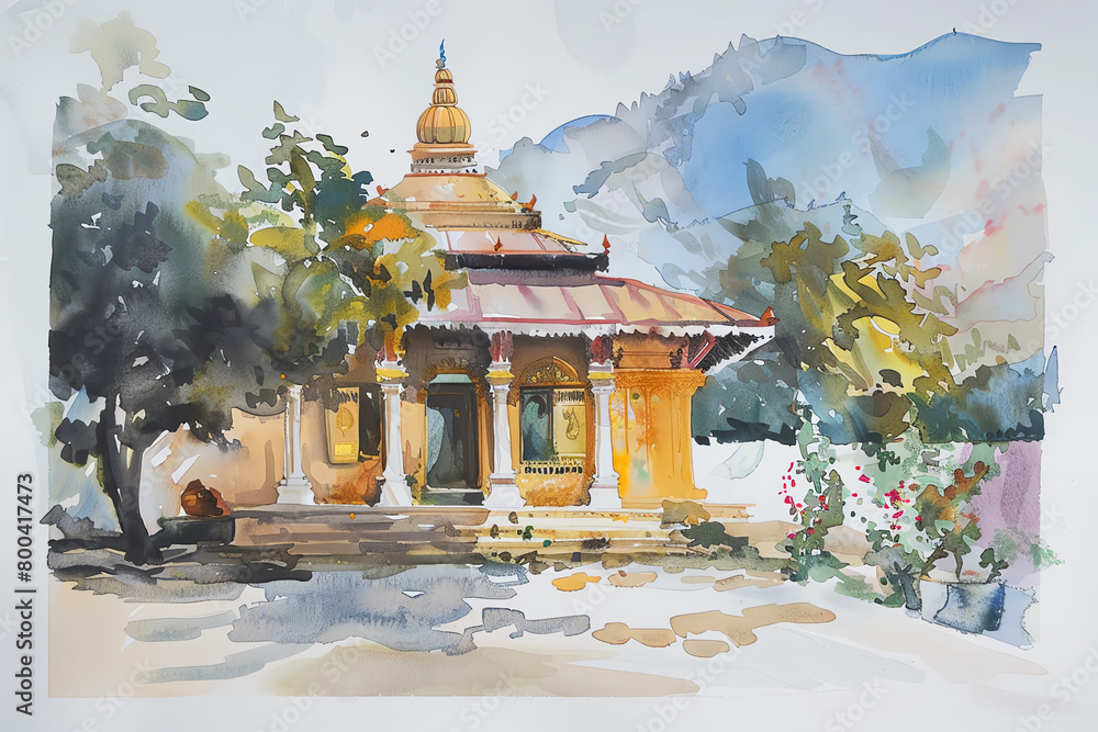 Minimalistic watercolor of an Ashram on a white background, cute and ...