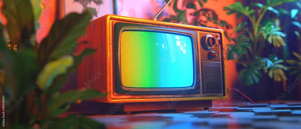 A vibrant image capturing a classic color vintage television set, its ...