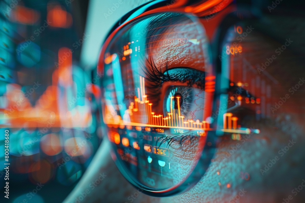 A vibrant photograph of a financial analysts eye reflected in a screen ...