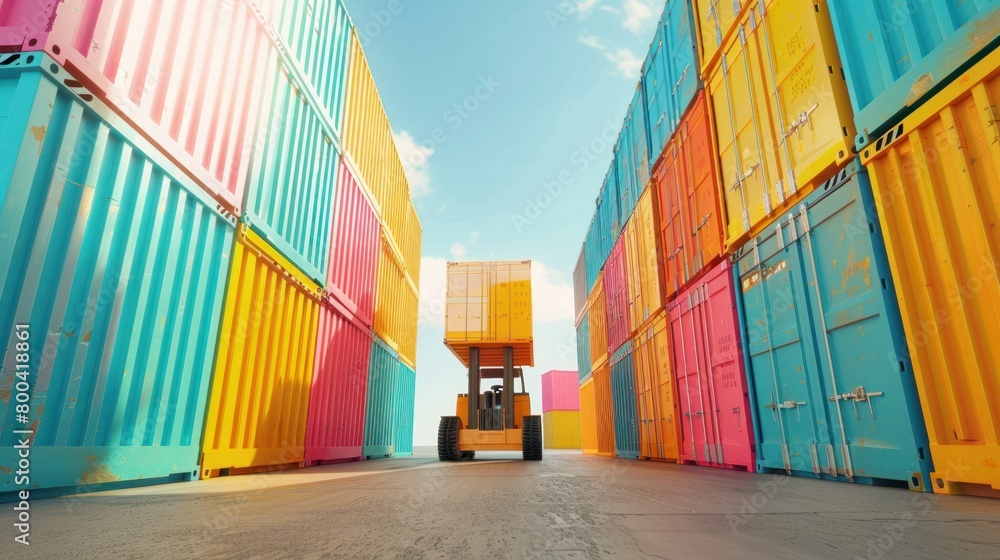 Container handler forklift lifting in shipping yard with stack of ...