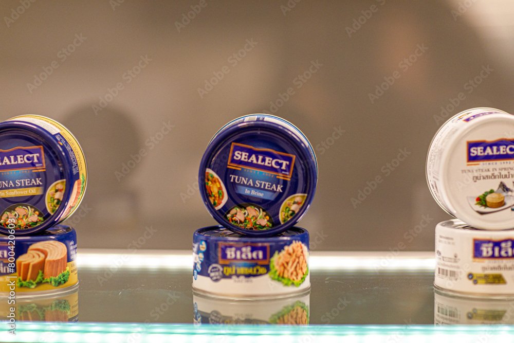BANGKOK, THAILAND - OCTOBER 16 2023: Select tuna fish cans fully ...