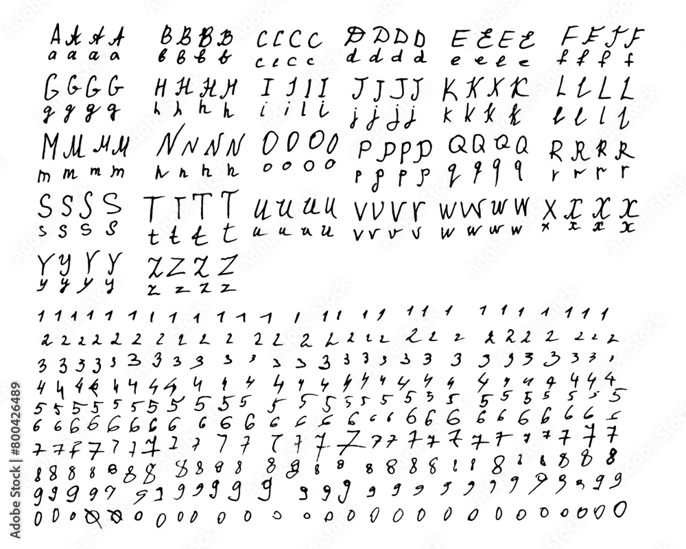 Alphabet and numbers are handwritten in black pen scrawl on white ...