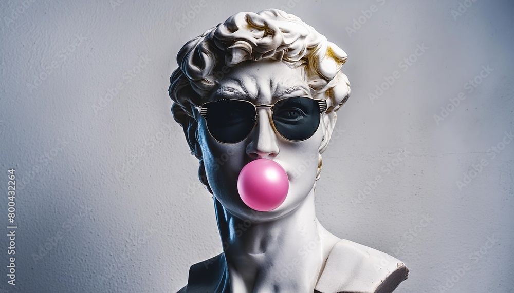 Stoic Roman statue blowing pink bubble gum, wearing sunglasses, white ...