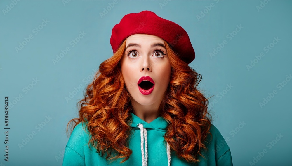 Surprised redhead woman with beret on isolated background, looking at ...