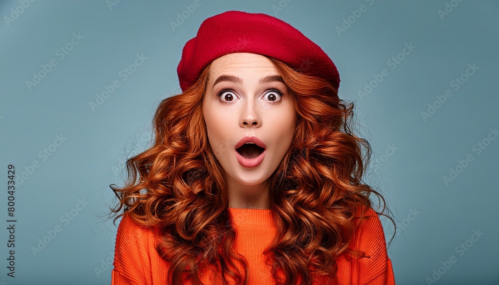 Surprised redhead woman with beret on isolated background, looking at ...