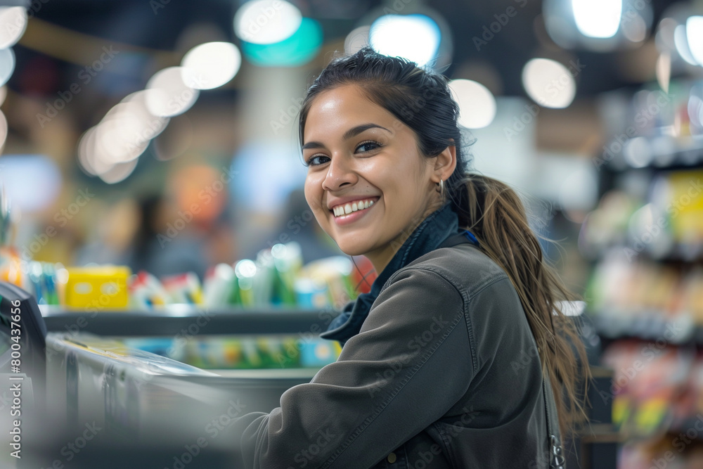 Illuminated by the checkout lights, a smiling American supermarket ...