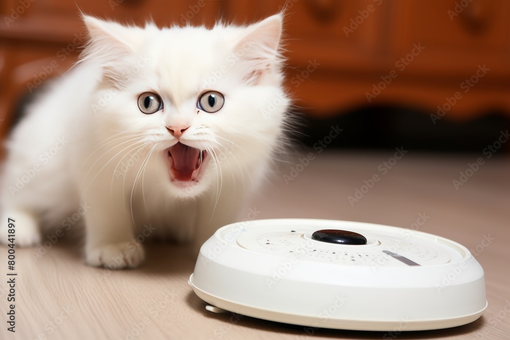 Shocked White Kitten Next to Scale - Surprised Cat Looking at Weight ...