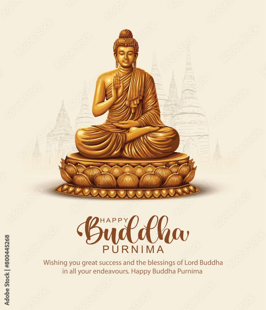 Happy Vesak Day, Buddha Purnima wishes greetings with buddha and lotus illustration. Can be used ...