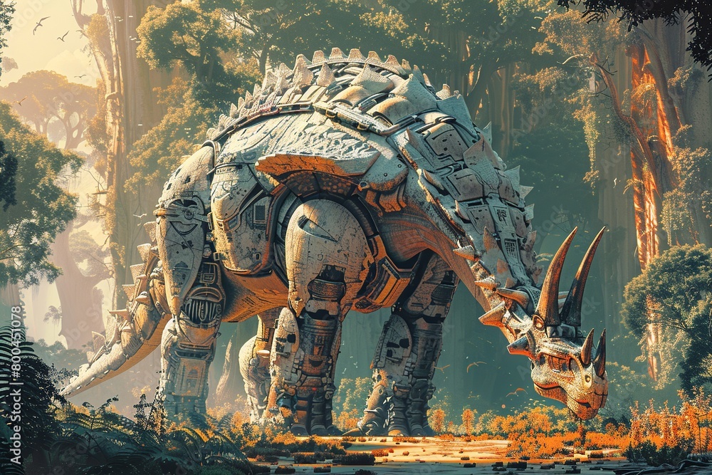 Marvel at the grandeur of a Titanosaur adorned in ornate armor ...