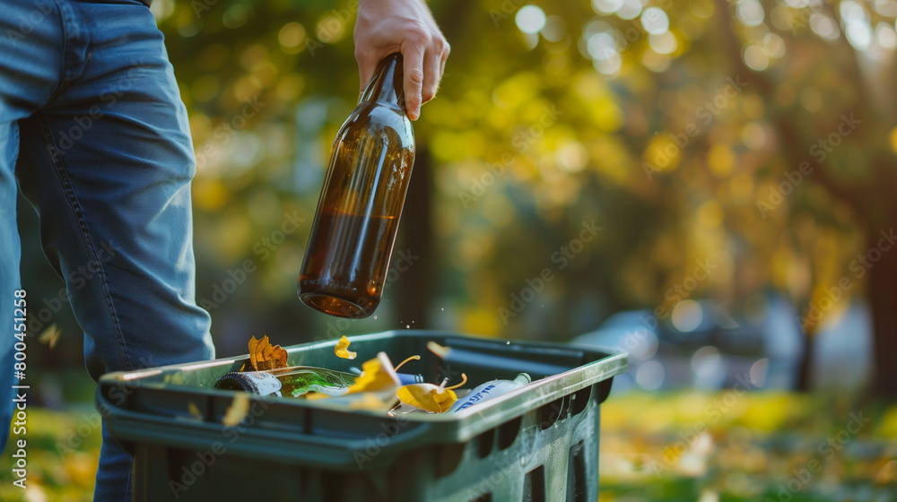 Man throwing glass bottle into recycling bin. Empty alcohol bottle ...