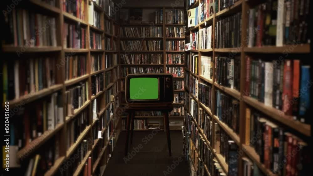 Green Screen TV Library Bookshelves Retro Television Old Film Effect ...