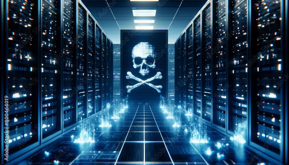 A data breach cyber crime in a vast server room with rows of computers ...