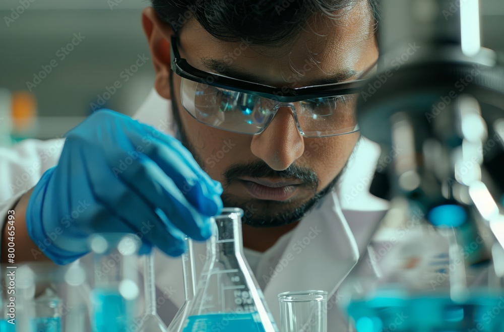 Indian biologist wearing safety glasses conducts experiments in a ...