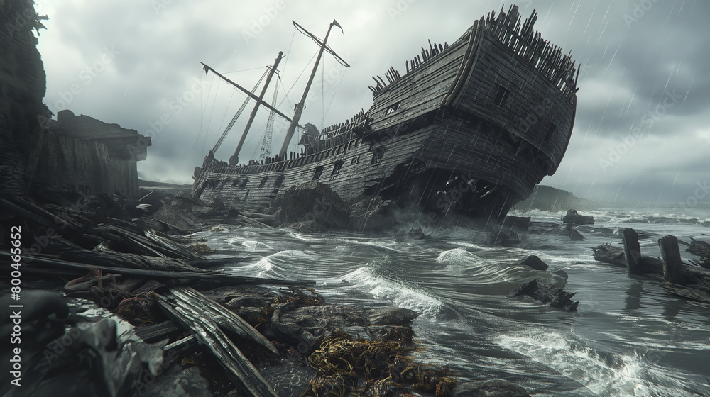 This haunting image captures a shipwreck forced upon jagged rocks by ...