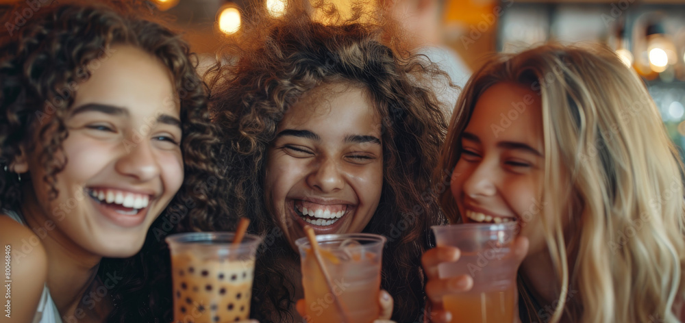 Smiling multiracial teenage girls drinking and enjoying Matcha Bubble ...