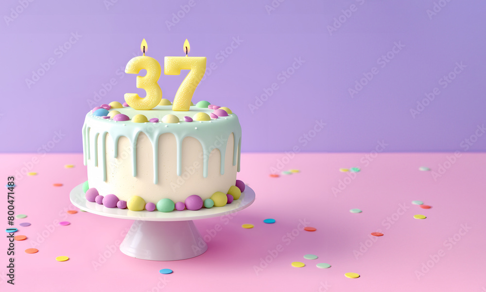37th birthday cake celebrating 37 years on an isolated, colorful pastel ...