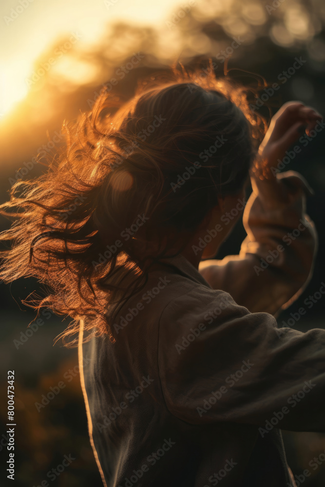 女, 女性, モデル, 女性の後ろ姿, 風, なびく髪, 夕焼け, 逆光, backlight, model, back view, back ...