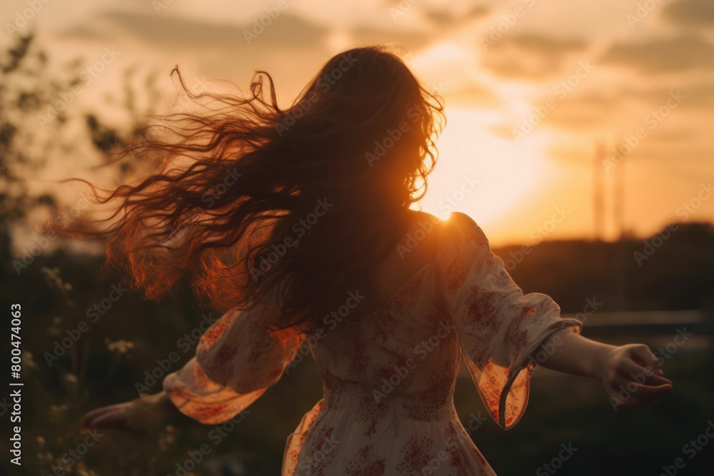 女, 女性, モデル, 女性の後ろ姿, 風, なびく髪, 夕焼け, 逆光, backlight, model, back view, back ...