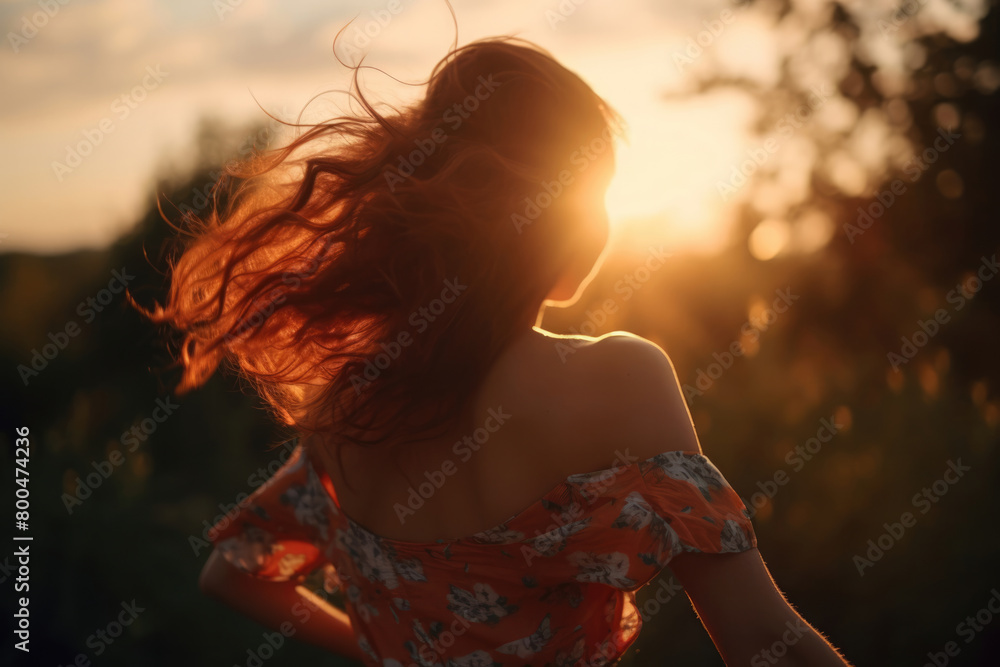 女, 女性, モデル, 女性の後ろ姿, 風, なびく髪, 夕焼け, 逆光, backlight, model, back view, back ...