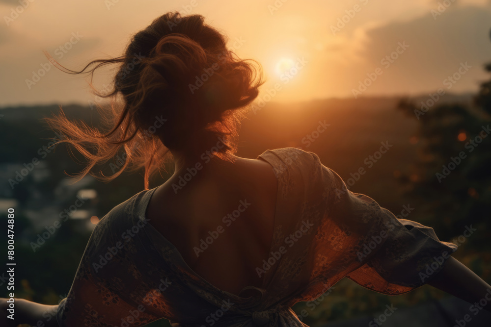 女, 女性, モデル, 女性の後ろ姿, 風, なびく髪, 夕焼け, 逆光, backlight, model, back view, back ...