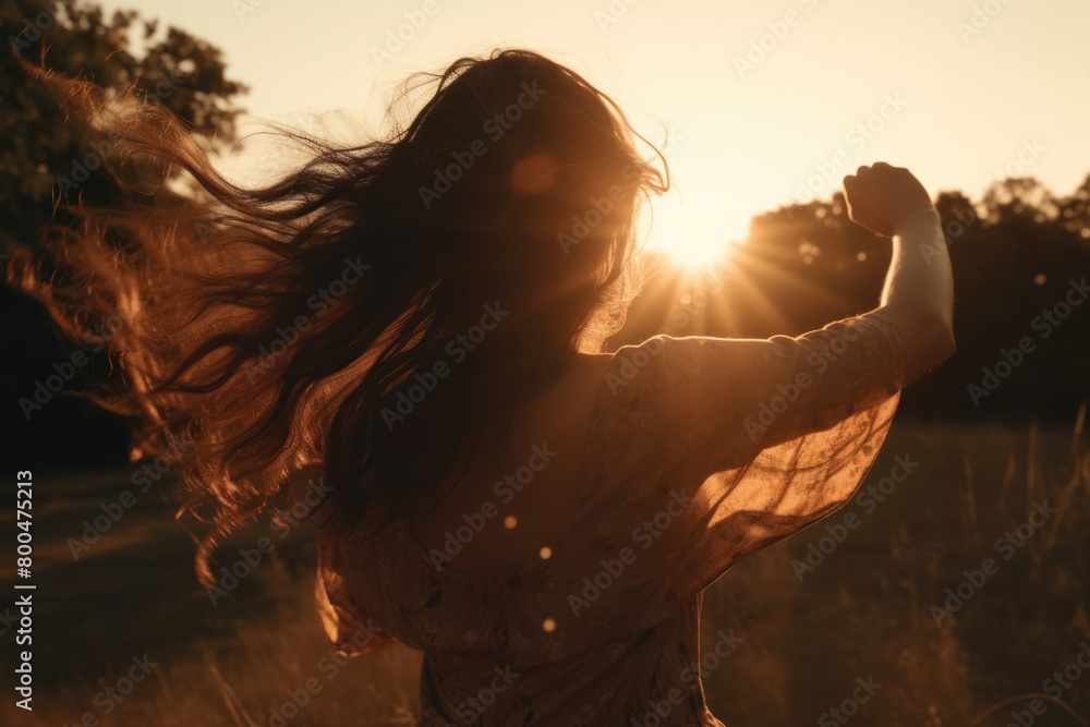女, 女性, モデル, 女性の後ろ姿, 風, なびく髪, 夕焼け, 逆光, backlight, model, back view, back ...