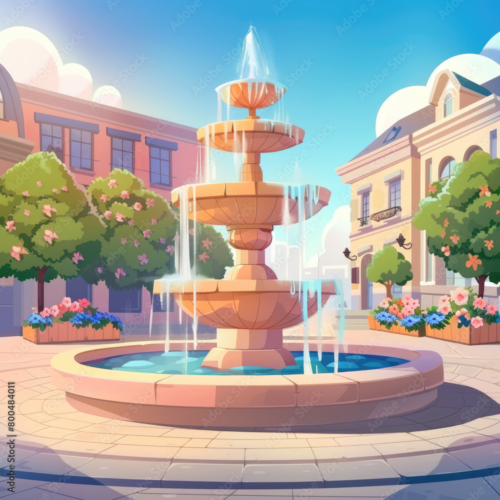 beautiful water fountain in the middle of the square, cartoon style ...