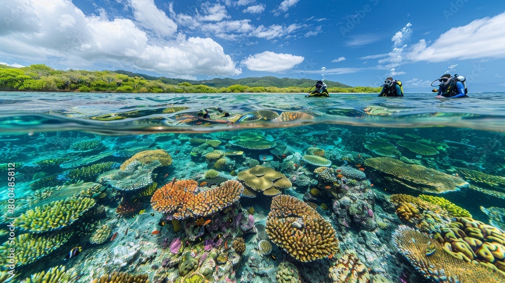 Summer dive excursion, group in scuba gear exploring a vibrant coral ...