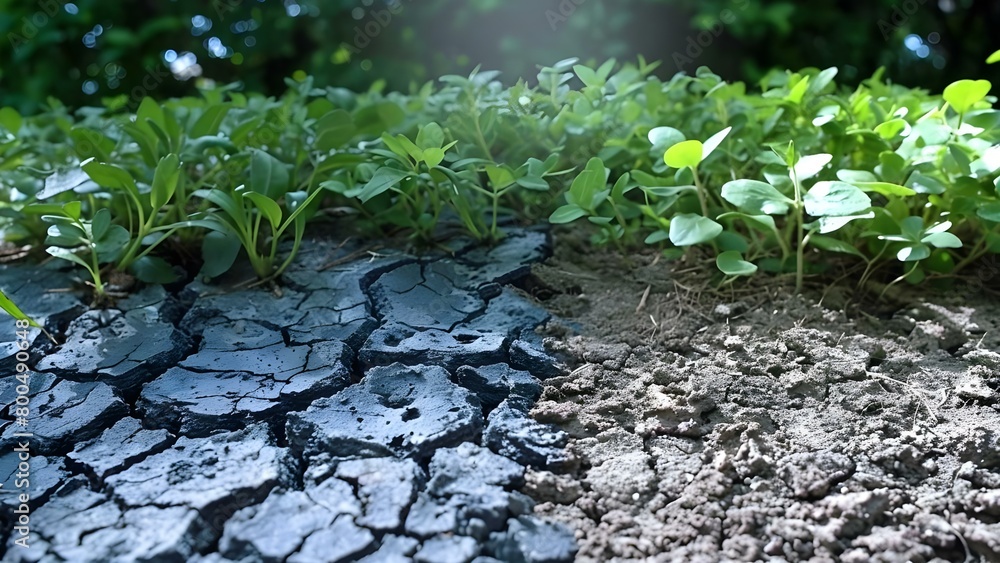 Contrasting images of cracked vs lush earth symbolizing climate change ...