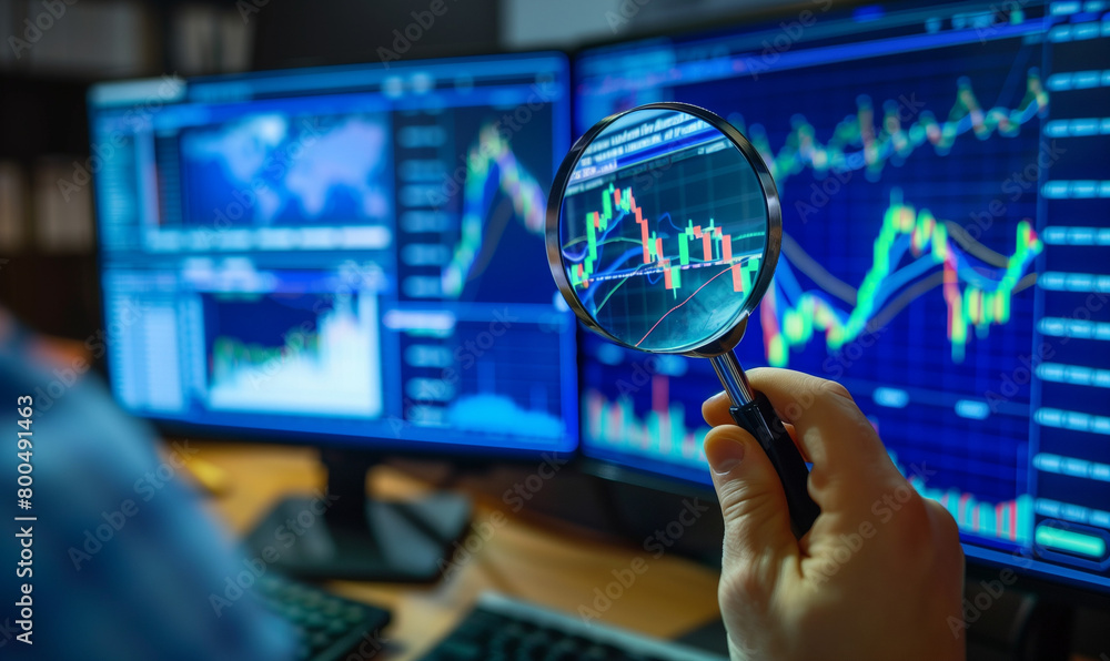 Analyst holding magnifying glass over charts on computer screen Stock ...