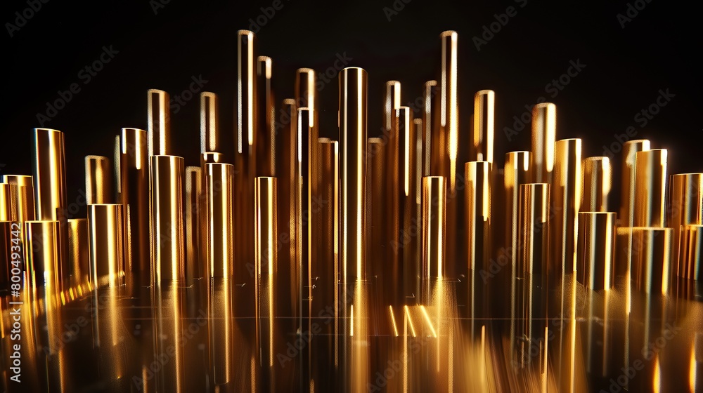 Dynamic rendering 3D golden bar graph with soaring columns represents a ...