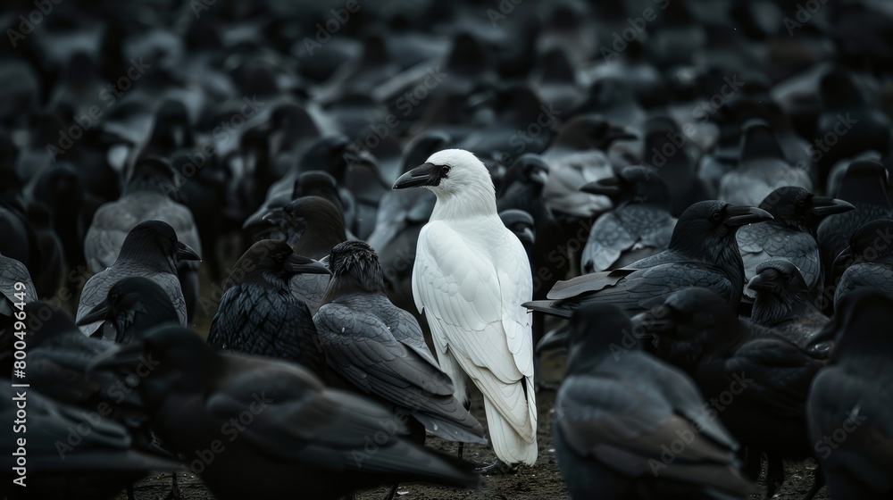 Detailed image of a white crow isolated among black crows, captured in ...