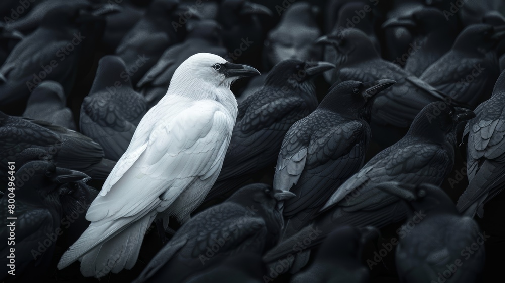 Detailed image of a white crow isolated among black crows, captured in ...