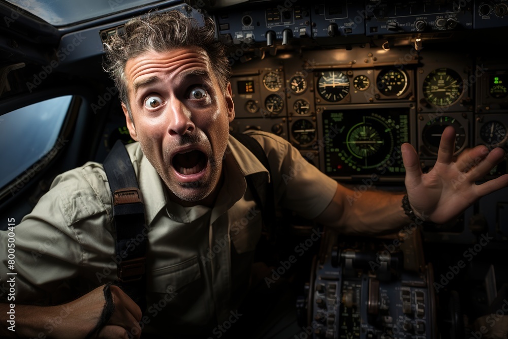 Portrait of a panicked yelling pilot spreading arms in the cockpit of a ...