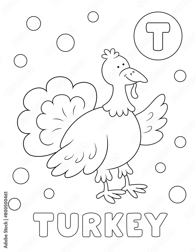 english alphabet letter t coloring page, cartoon black and white turkey ...