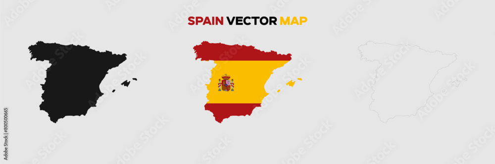 Spain Map Vector Pack. Map with Flag. Gray Map Silhouette. Gray Outline ...