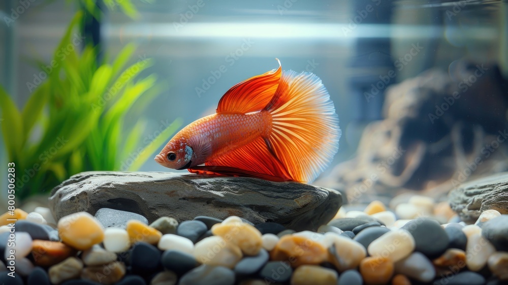 radiant red betta fish, with its fins unfurled like silk, perches ...
