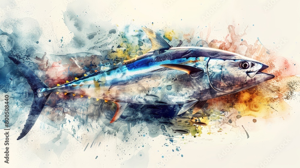 Artistic watercolor painting of a tuna fish, splashed with vibrant ...