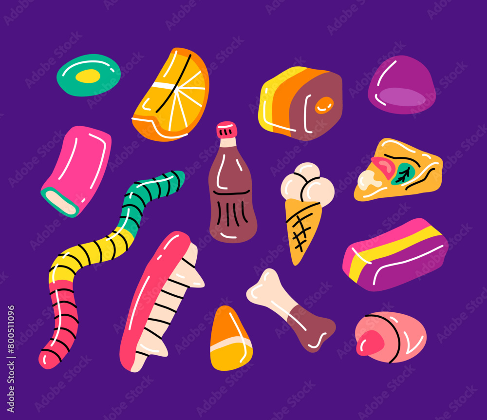 Cartoon Color Different Gummy Candies Sweets for Kids Concept Flat ...