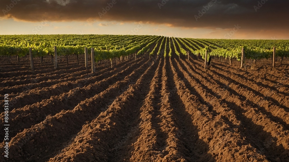 Rows of vibrant green grapevines stretch across field, basking in warm ...