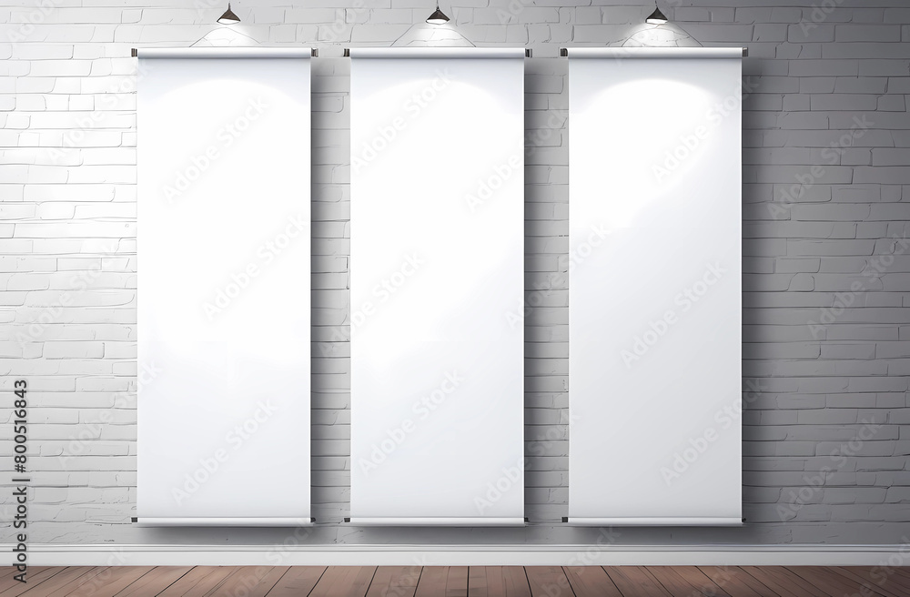 Two blank white vertical banners are hanging on a wall, ready for ...