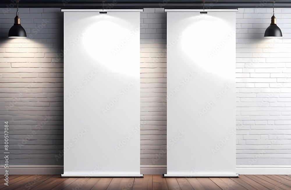 Two blank white vertical banners are hanging on a wall, ready for ...