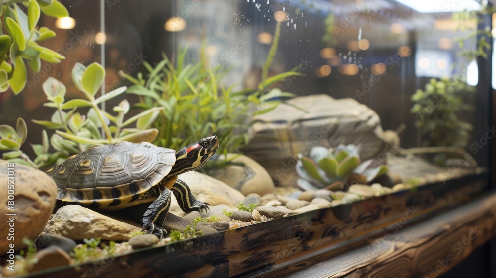 inquisitive red-eared snapping turtle surveys its lush, sun-drenched ...