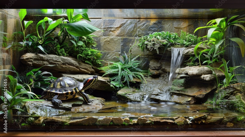 inquisitive red-eared snapping turtle surveys its lush, sun-drenched ...