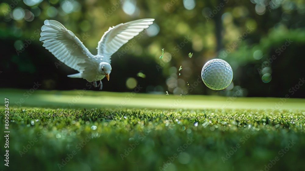 Golf balls sprouting delicate wings, soaring over a classic green ...