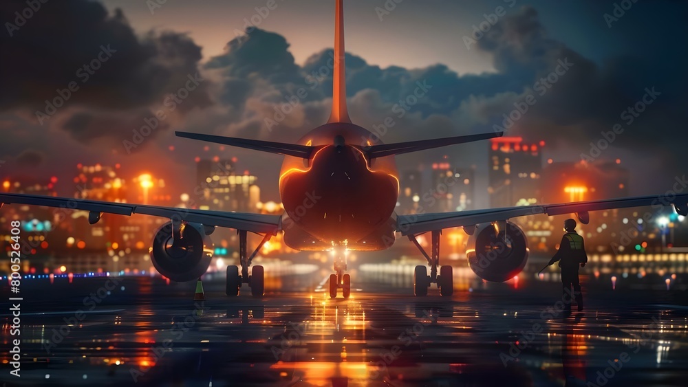 Aircraft Technician Conducting Nighttime Runway Inspection from Low ...