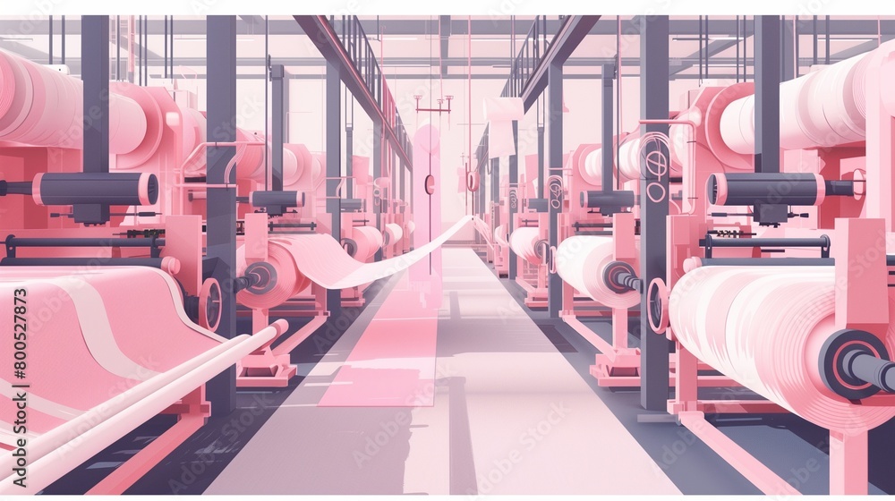 Elegant textile mill illustration with soft pink machinery, offering a ...