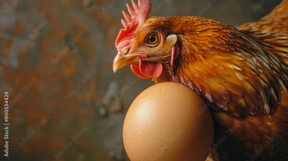 A close-up of a hen proudly showcasing her newly laid egg, a symbol of ...