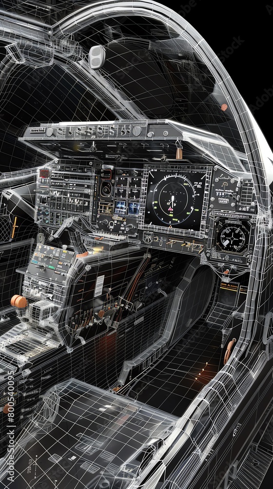 Advanced fighter jet cockpit mesh wireframe, detailing instruments and ...