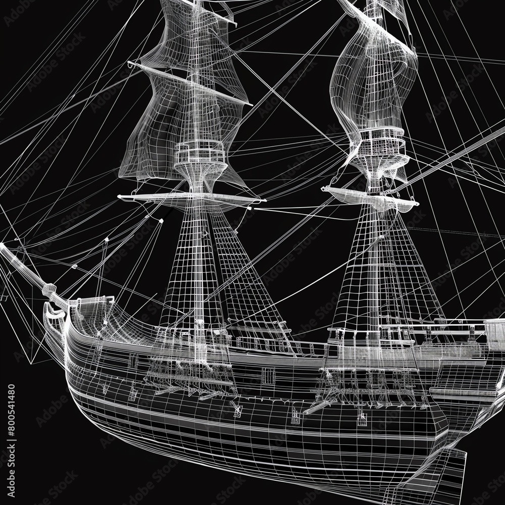 Detailed mesh wireframe of an ancient sailing ship, focusing on sails ...